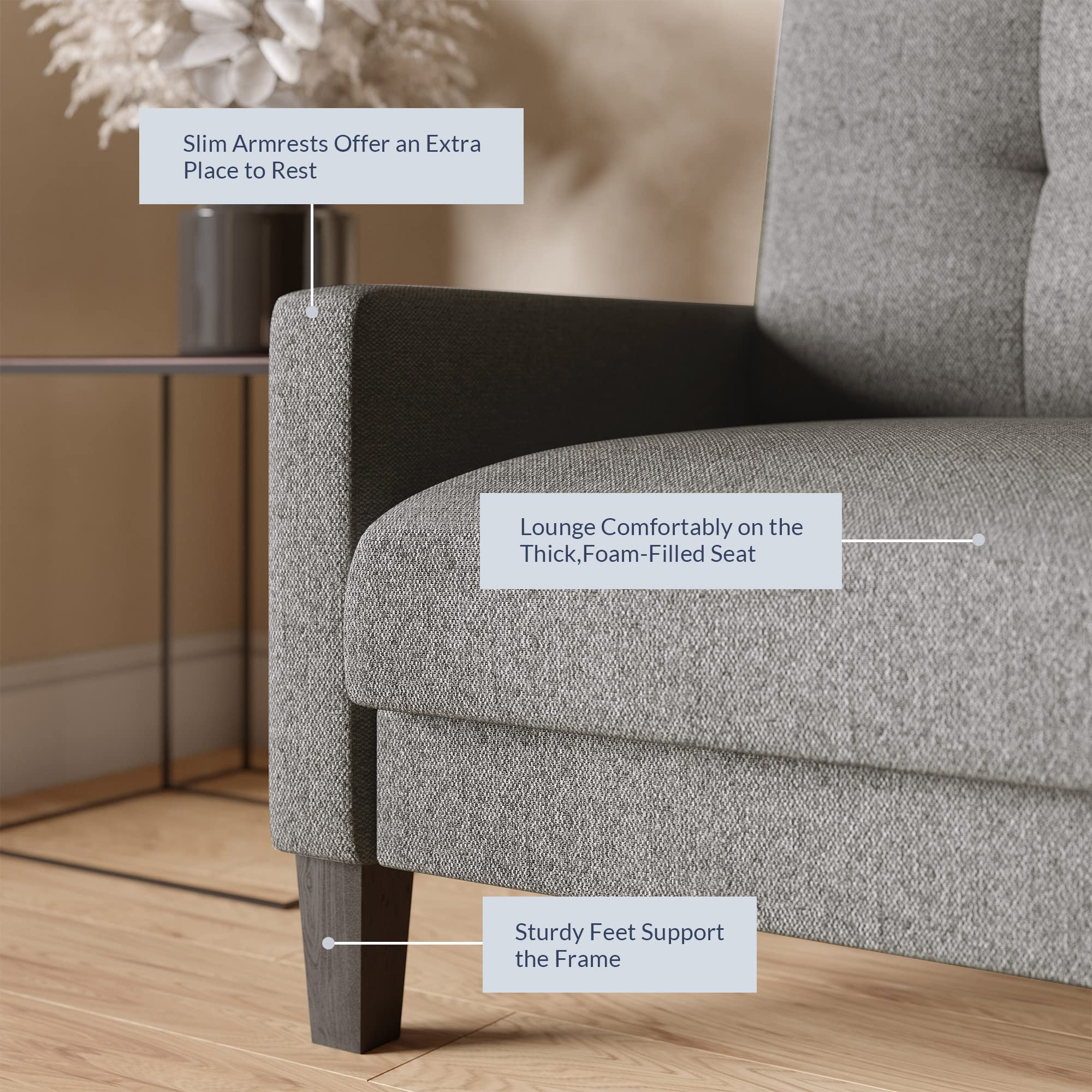 BELLEZE Modern Upholstered Tufted Sofa for 2-3 People 75.2" W, Small Loveseat Couch for Living Room, Bedroom Or Office, Versatile Furniture for Small Spaces,Fabric - Harper (Gray)