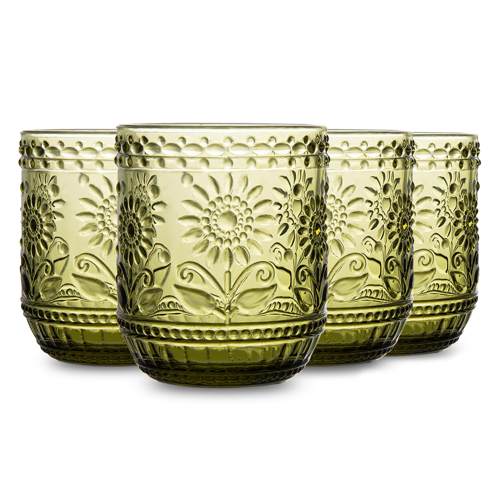 SoulTimes Glass Cups Vintage Glassware Drinking Glass Set of 4, Embossed Floral Decorative Glasses Set, for Water, Whisky, Juice, Beverages, Cocktail, Colored Glassware-12 OZ (Green)