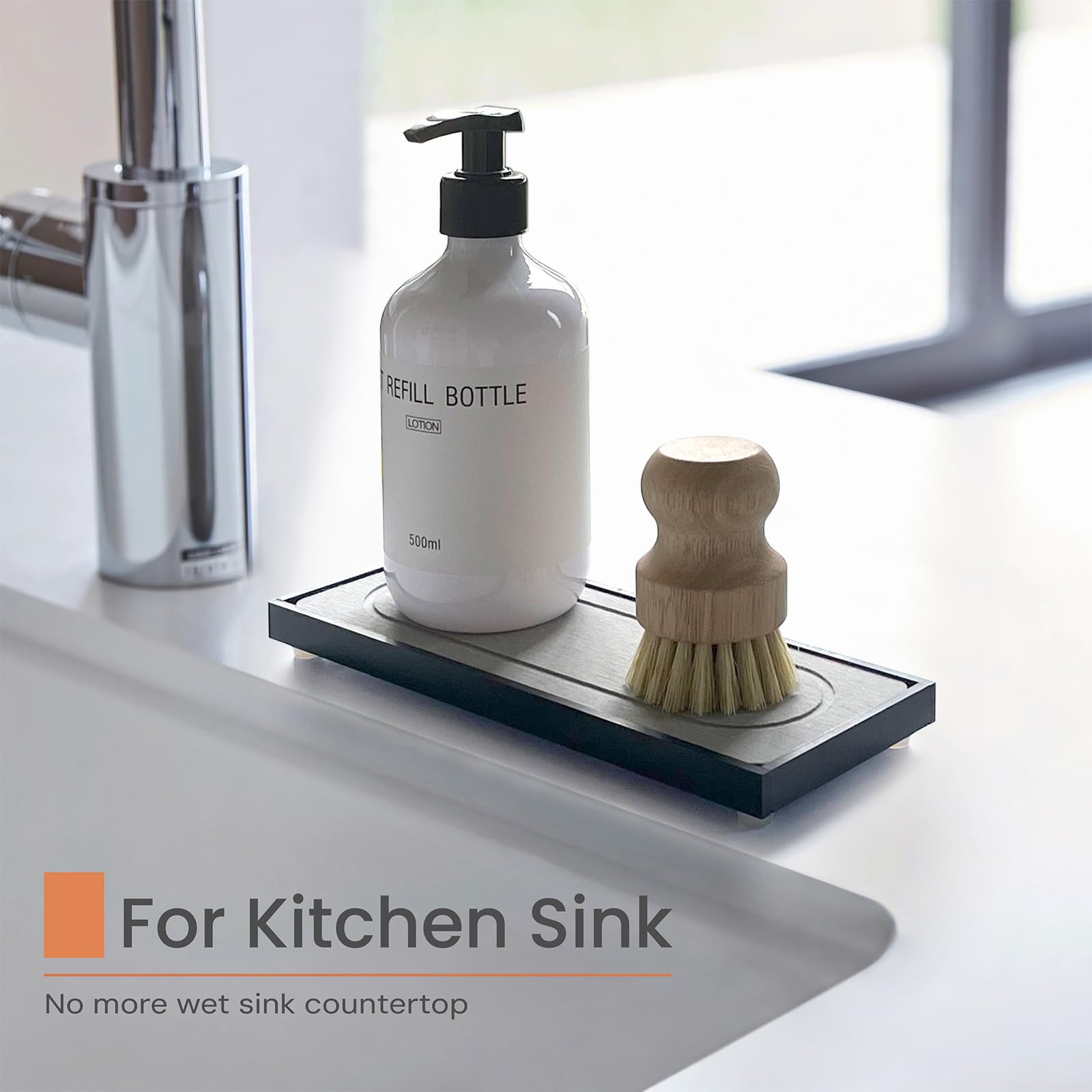 Authumberdale Instant Dry Sink Caddy Organizers, Sponge Holder for Kitchen Sink Counter, Water Absorbing Stone Drying Mat Rack, Soap Dish for Bathroom Countertop, Black Acrylic Tray with Grey Stone