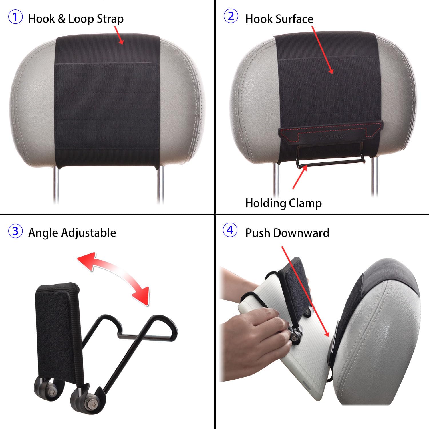 WANPOOL Universal Car Headrest Mount Holder with Angle-Adjustable Clamp - for Use with iPads, Galaxy Tablets and More