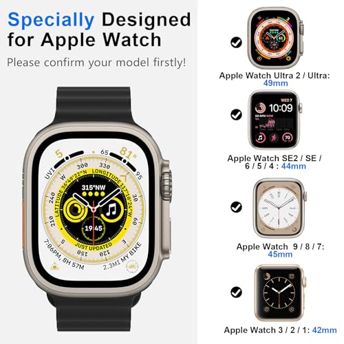 Astorgos Ocean Silicone Band Compatible with Apple Watch Band Ultra2 Ultra 49mm 45mm 44mm 42mm iWatch Series 9 8 7 SE2 SE 6 5 4 3 2 1,Adjustable Band Breathable Replacement Strap for Women Men,Black