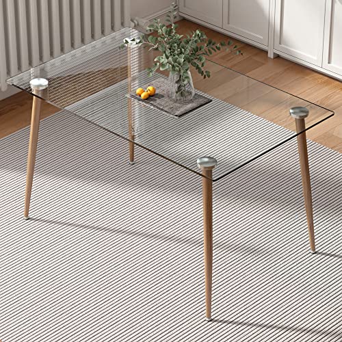 Glass Dining Table Set for 4, 51 inch Dining Table & Chair Sets with Light Wood Metal Legs for Kitchen, Modern Rectangle Tempered Glass Table Top and Transparent Plastic Dining Chair for Dining Room
