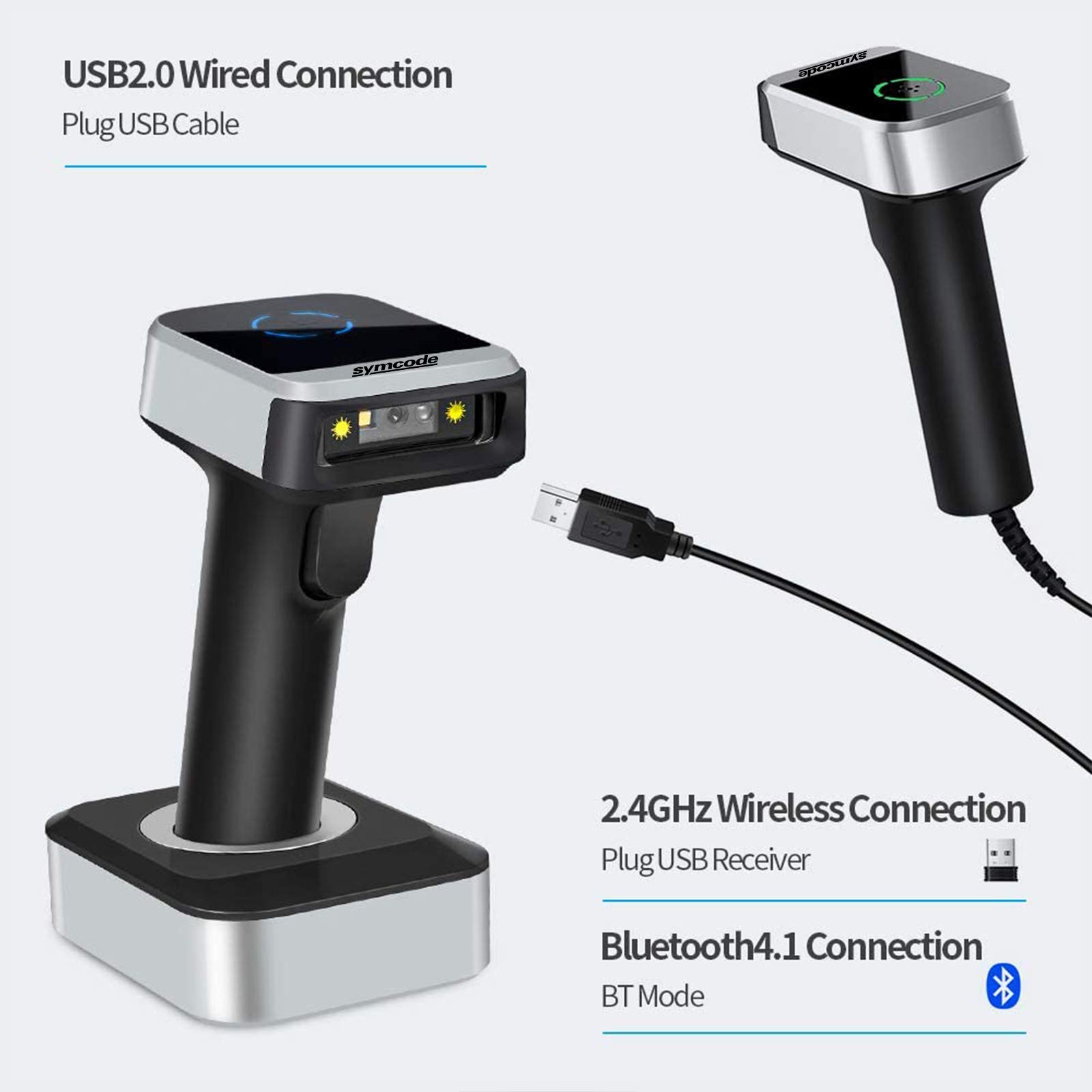 Wireless Bluetooth Barcode Scanner with Base.USB 2.0 Wired Barcode Imager Automatic Barcode Reader Handhold Scanner.with USB Cable for Laptops.Computers.Cashier.POS