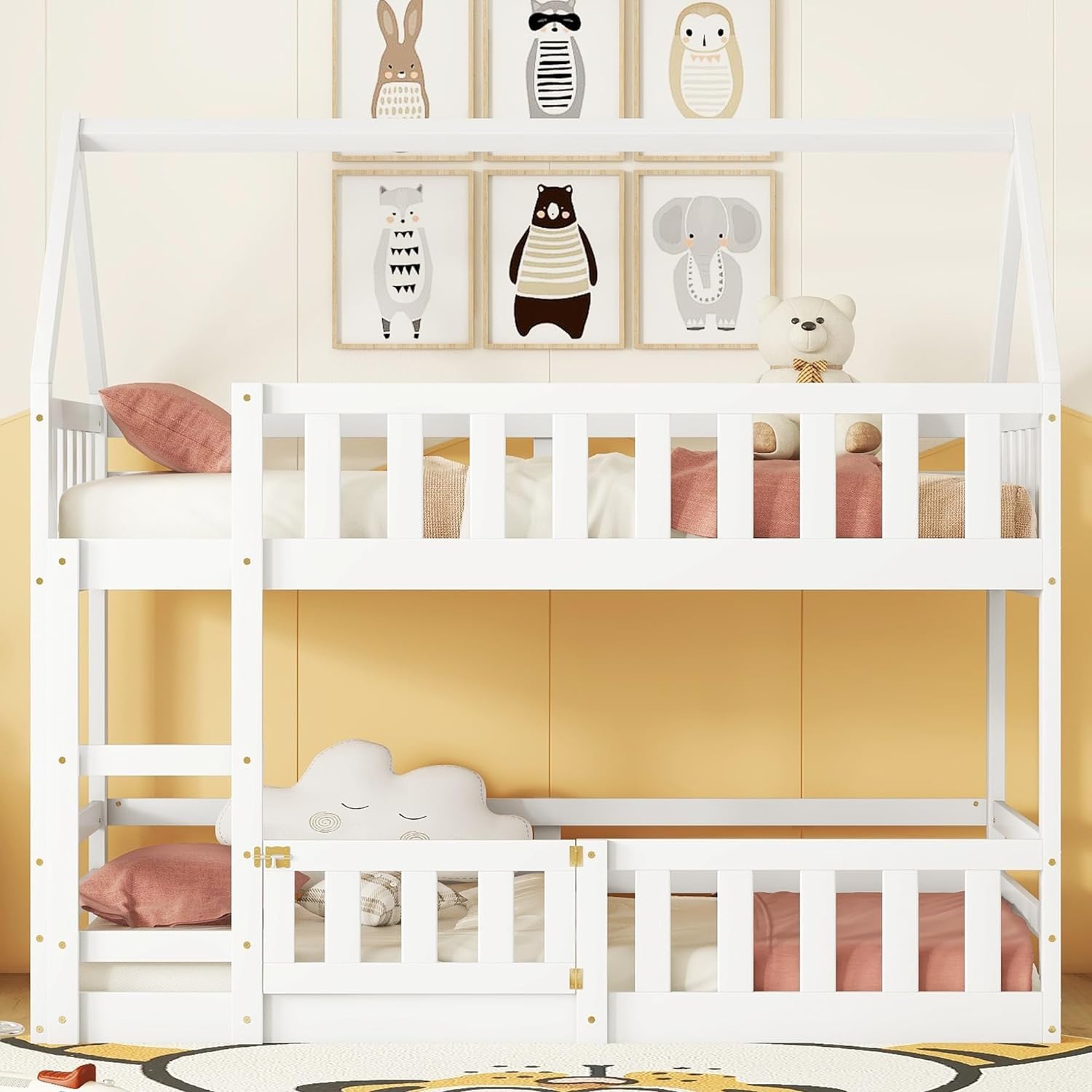 MERITLINE House Bunk Bed with Fence and Door, Wood Kids Bunk Beds Twin Over Twin with Roof, Floor Bunk Bed Loft Beds for Girls Boys, Easy Assembly, White