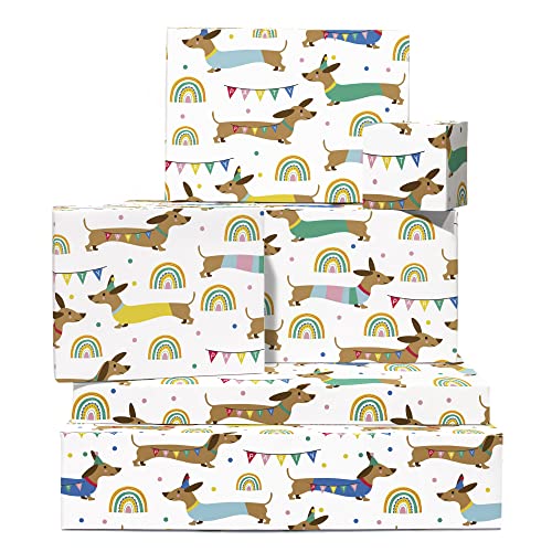 CENTRAL 23 Dog Wrapping Paper for Girl Boy Kids - 6 Sheets Funny Gift Wrap - Sausage Dog - For Birthday Baby Shower Christmas - Comes With Fun Stickers - Recyclable