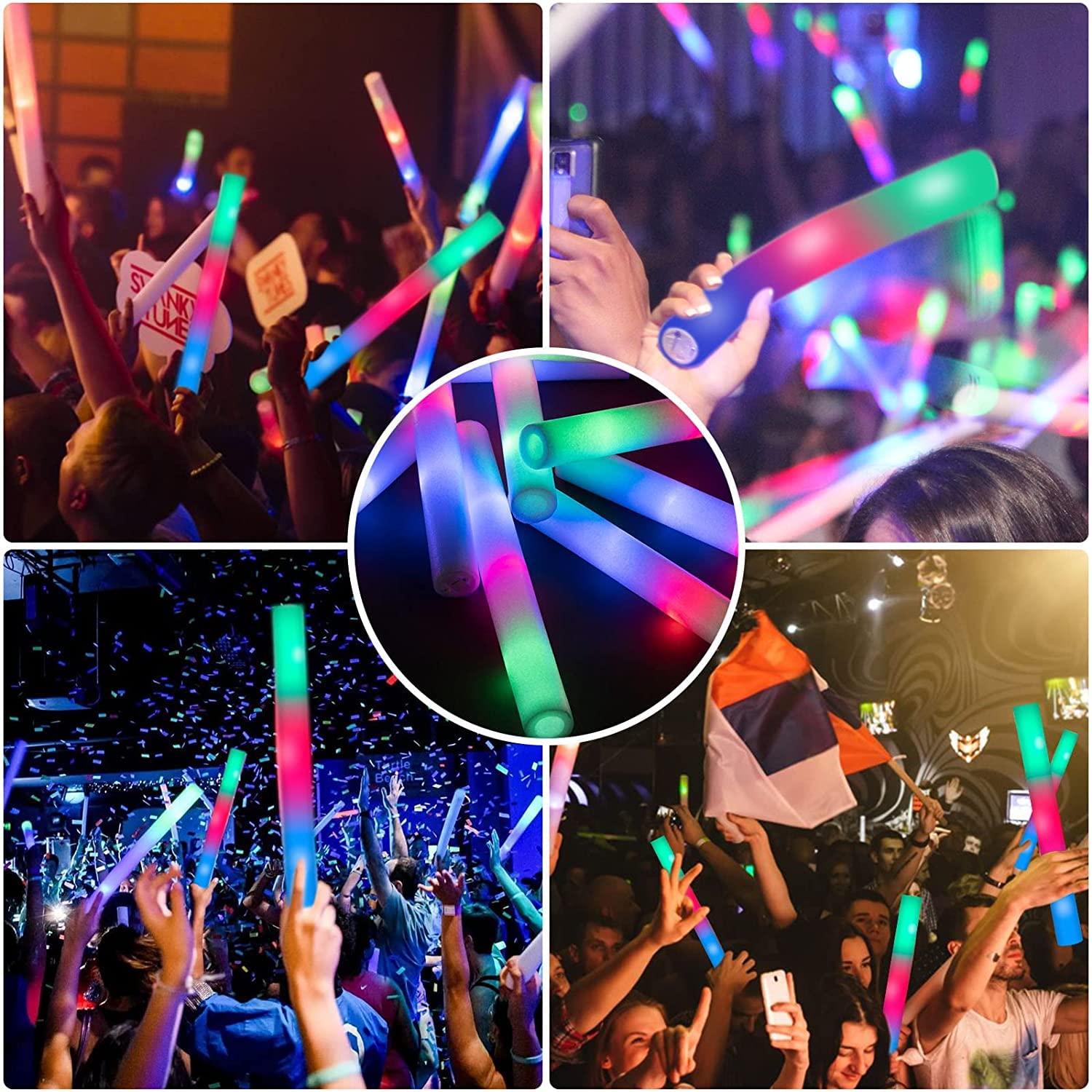 SHQDD 100 Pack LED Glow Sticks for Wedding, Bulk Foam Glow Sticks with 3 Modes Colorful Flashing, Glow Stick Bulk Party Pack for Wedding, Raves, Concert,Camping, Sporting Events, Pool Party