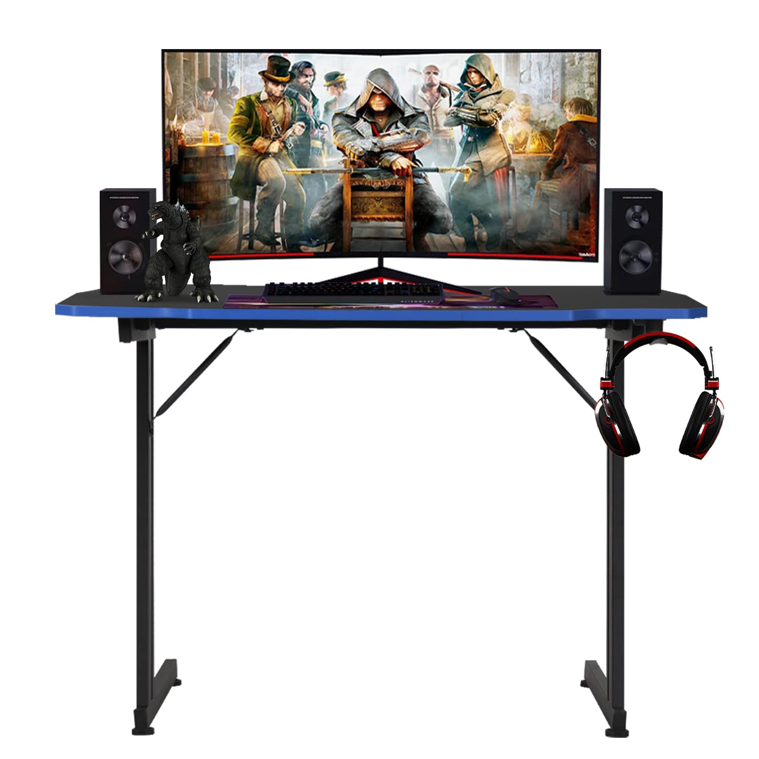 BestOffice Gmaing Desk Z Shaped 47 inch Gaming Workstation Ergonomic Gaming Table PC Computer Desk with Headphone Hook for Game Players, Blue