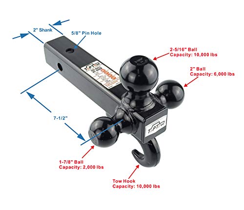 TOPTOW 64181 Trailer Receiver Hitch Tri Ball Mount with Hook Black Balls Fits for 2 inch Receiver