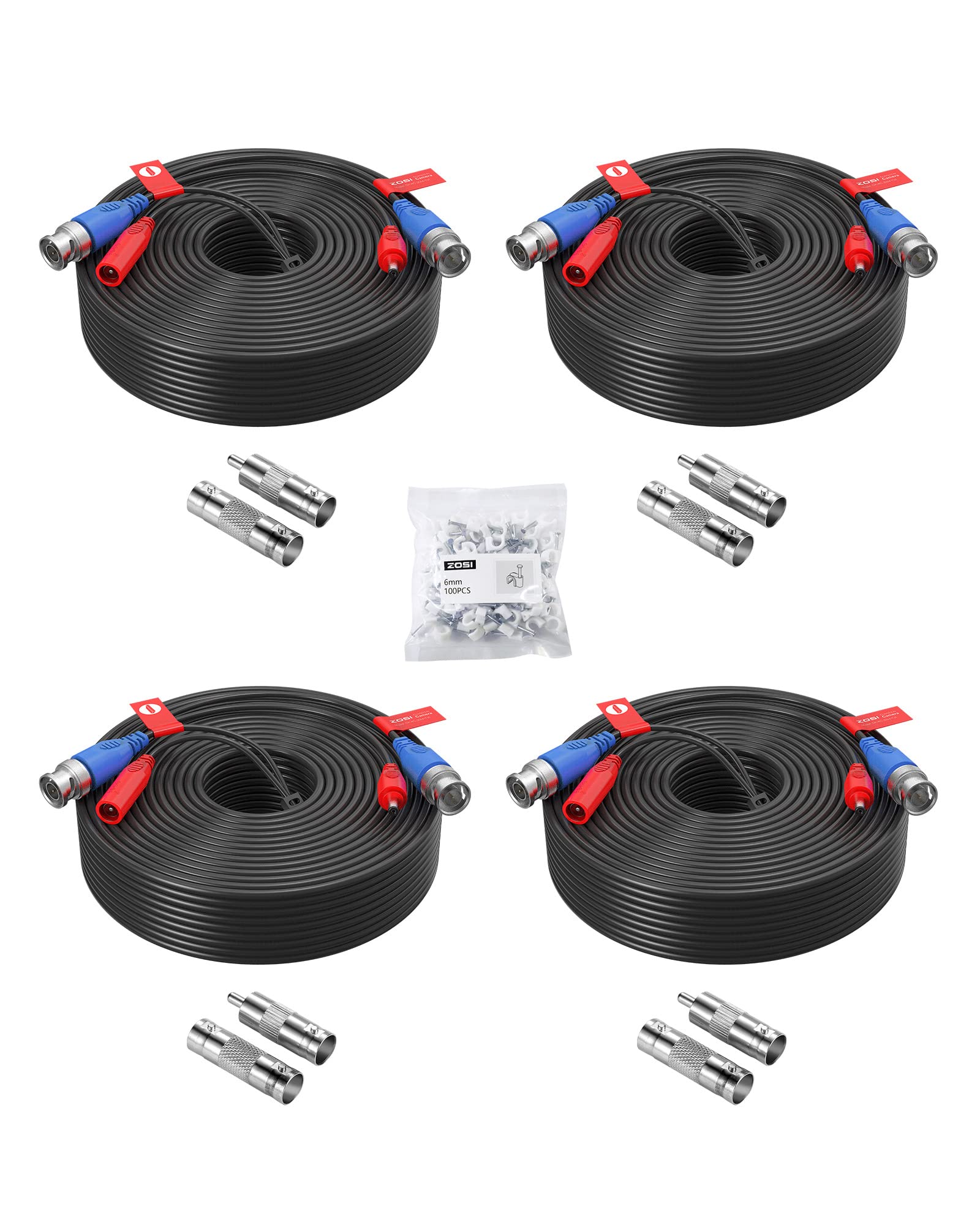 ZOSI 4 Pack 100ft(30M) All-in-One Video Power Cables,BNC Extension Security Camera Cable for CCTV Surveillance Camera DVR System With 4 x BNC&RCA Connector and 100pcs Cable Clips