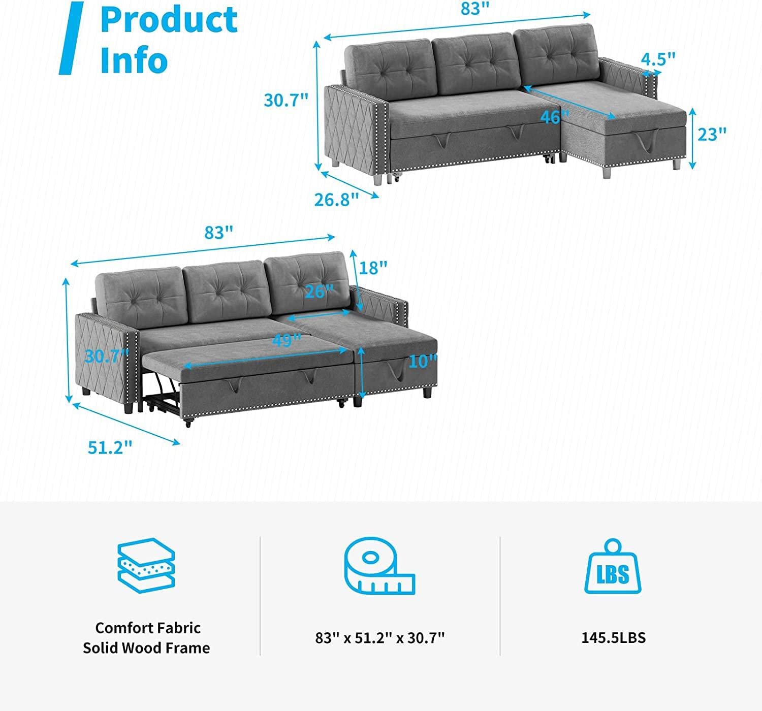 Mjkone 3 Seat L-Shape Sectional Sofa Couch with Pull Out Bed and Reversible Storage Chaise, Modern 83 Inch Sleeper Sofa with Breathable Velvet Fabric and Nailhead Trim for Living Room, Dark Gray