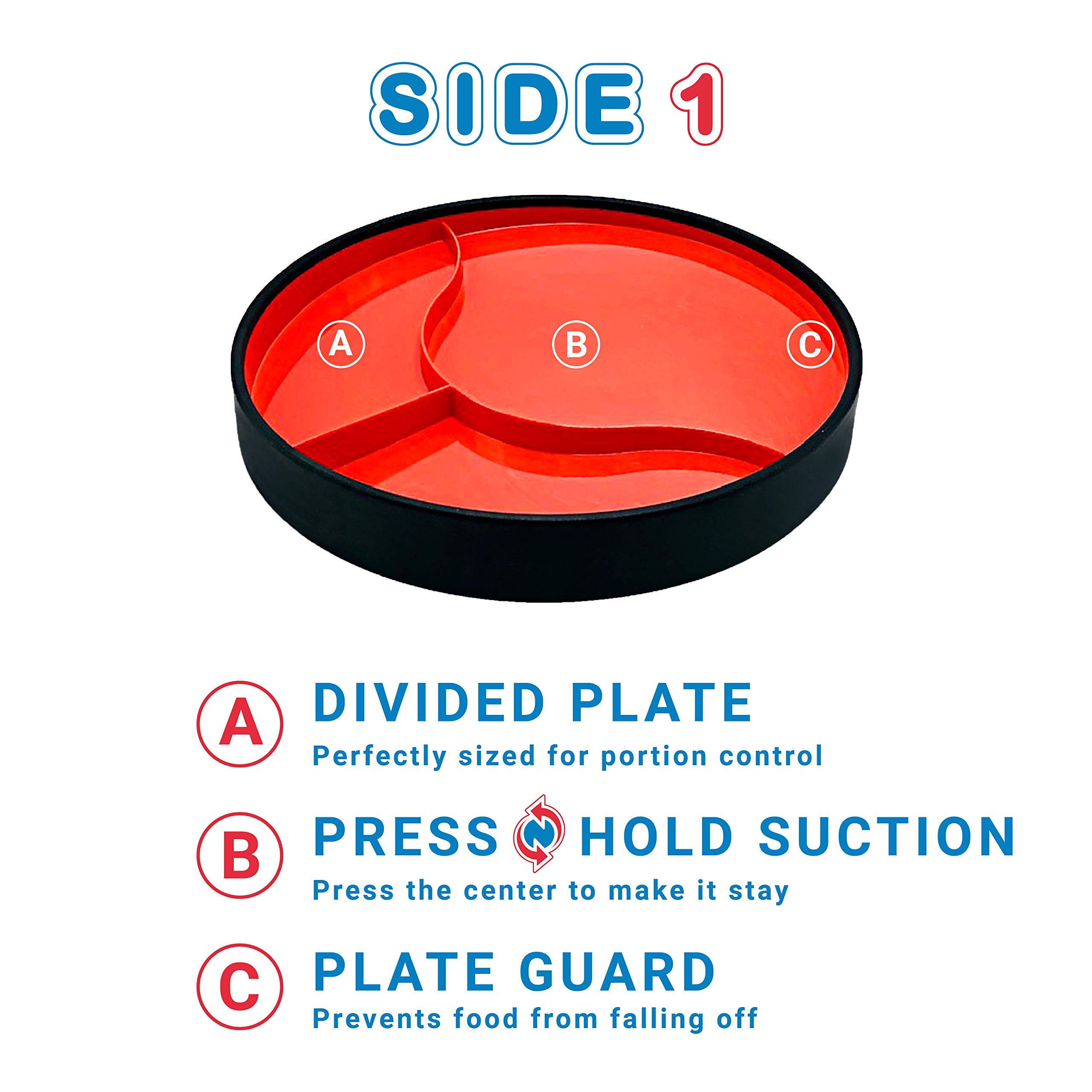 STAYnEAT Suction Plate, 2n1 Divided/Scoop Dish, Non-Slip Plate Guard, USA! Red (S)