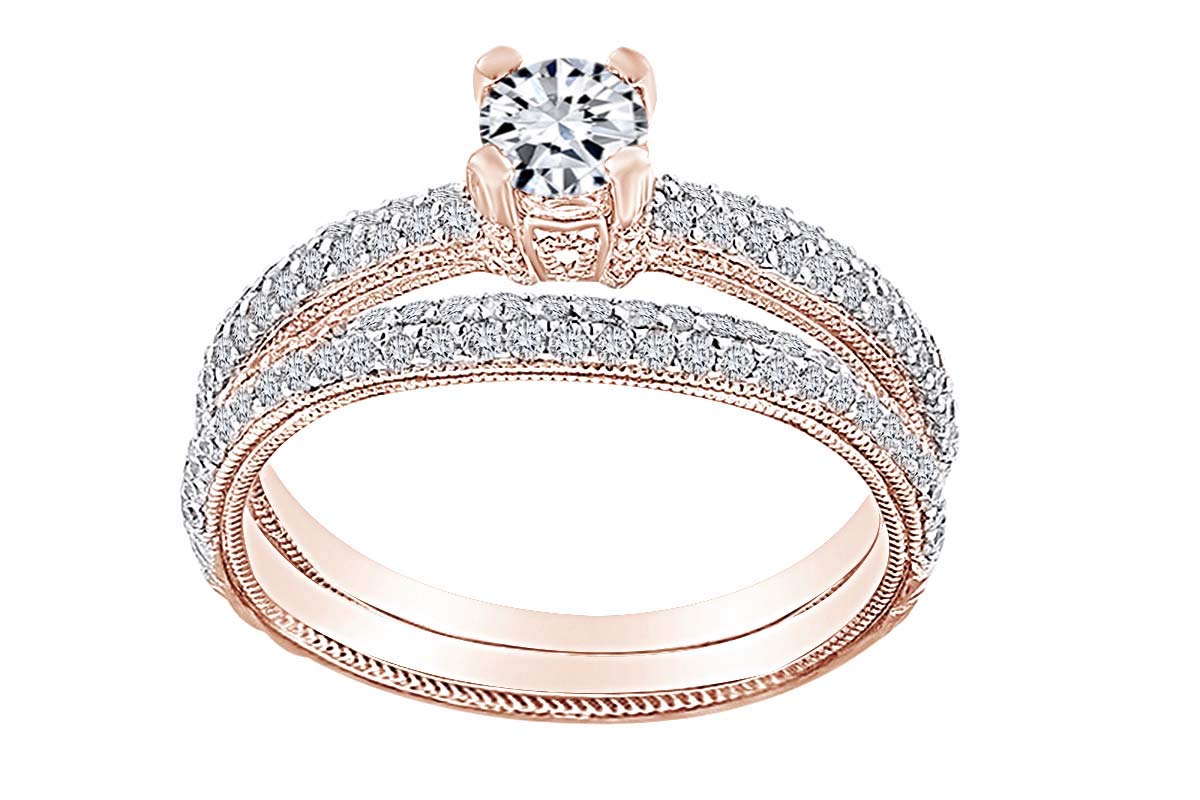 AFFY 0.85 Carat Round Shape White Natural Diamond Semi Mount Wedding Engagement Ring Set 18K Solid Rose Gold Ring Size-5