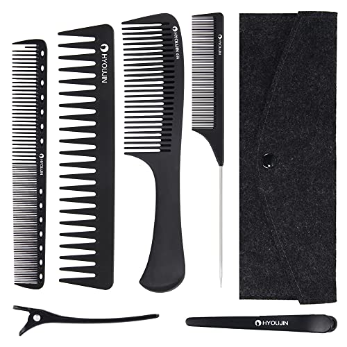 HYOUJIN 7 pcs Hair Comb Set Rat Tail Parting Combs Carbon Wide and Fine Tooth Comb Brush Cutting Comb Professional Styling Hair Combs for Women,Men Accessories with Clips
