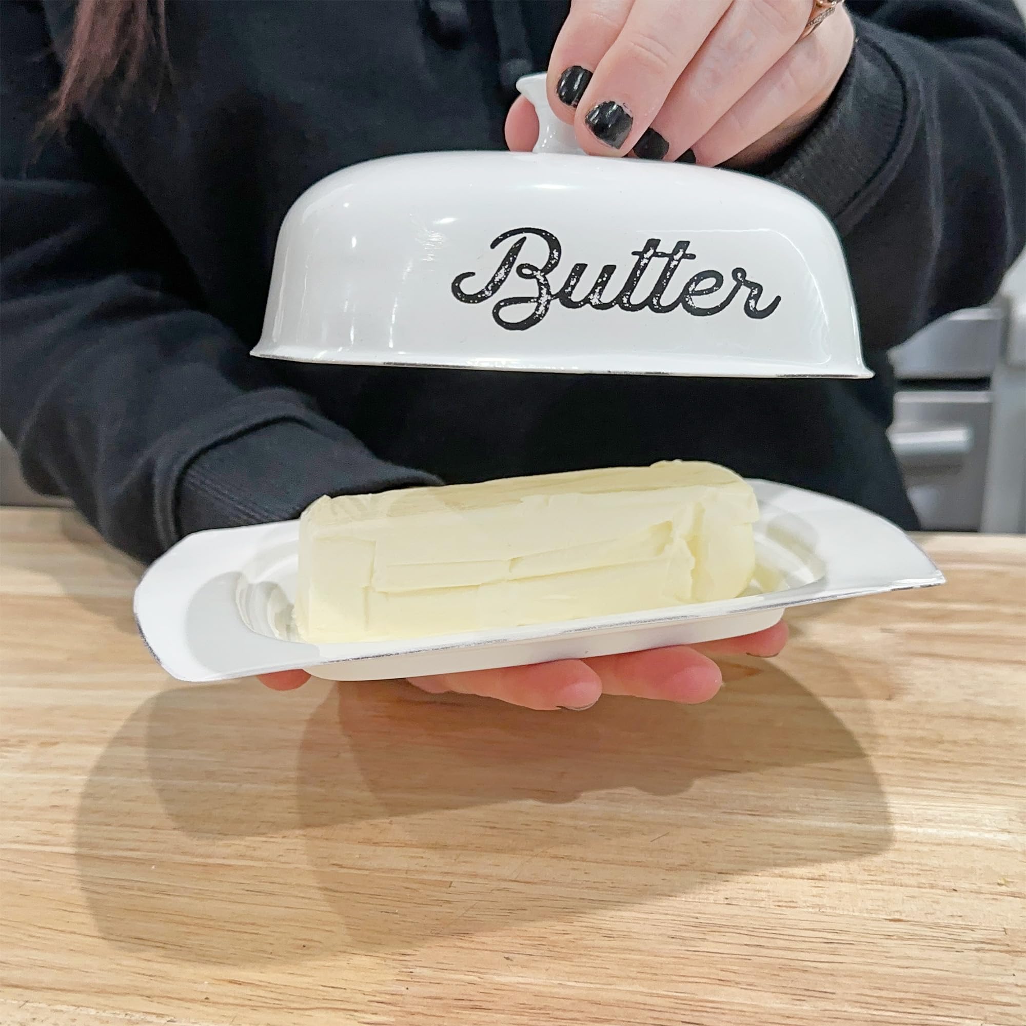 AuldHome Farmhouse White Butter Dish, Vintage Style Enamelware Butter Dish with Cover