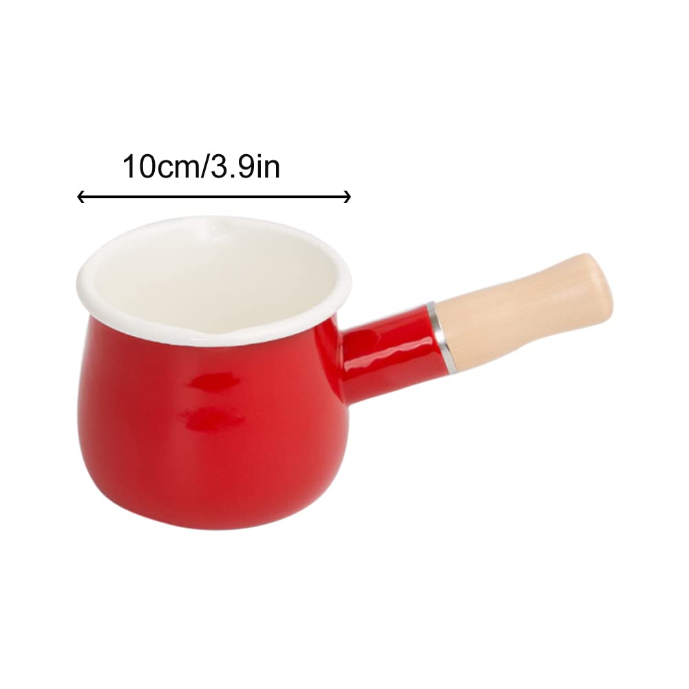 Enamel Milk Pan, Mini Butter Warmer with Pour Spout, 550ml Enamelware Saucepan Milk Warmer with Wooden Handle Small Cookware for Heating Milk, Melting Butter, Boiling Water(White)