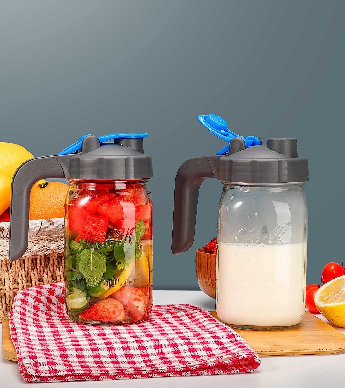 Bedoo Wide Mouth Mason Jar Flip Lids with Handle, 2 Pack Mason Jar Spout Lid, Easy Pour, Airtight Leak Proof and Durable, Black (Flip Cap Lid)