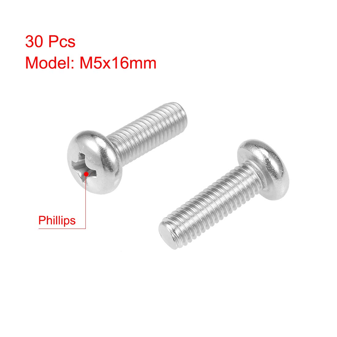 uxcell M5x16mm Machine Screws Pan Phillips Cross Head Screw 304 Stainless Steel Fasteners Bolts 30Pcs