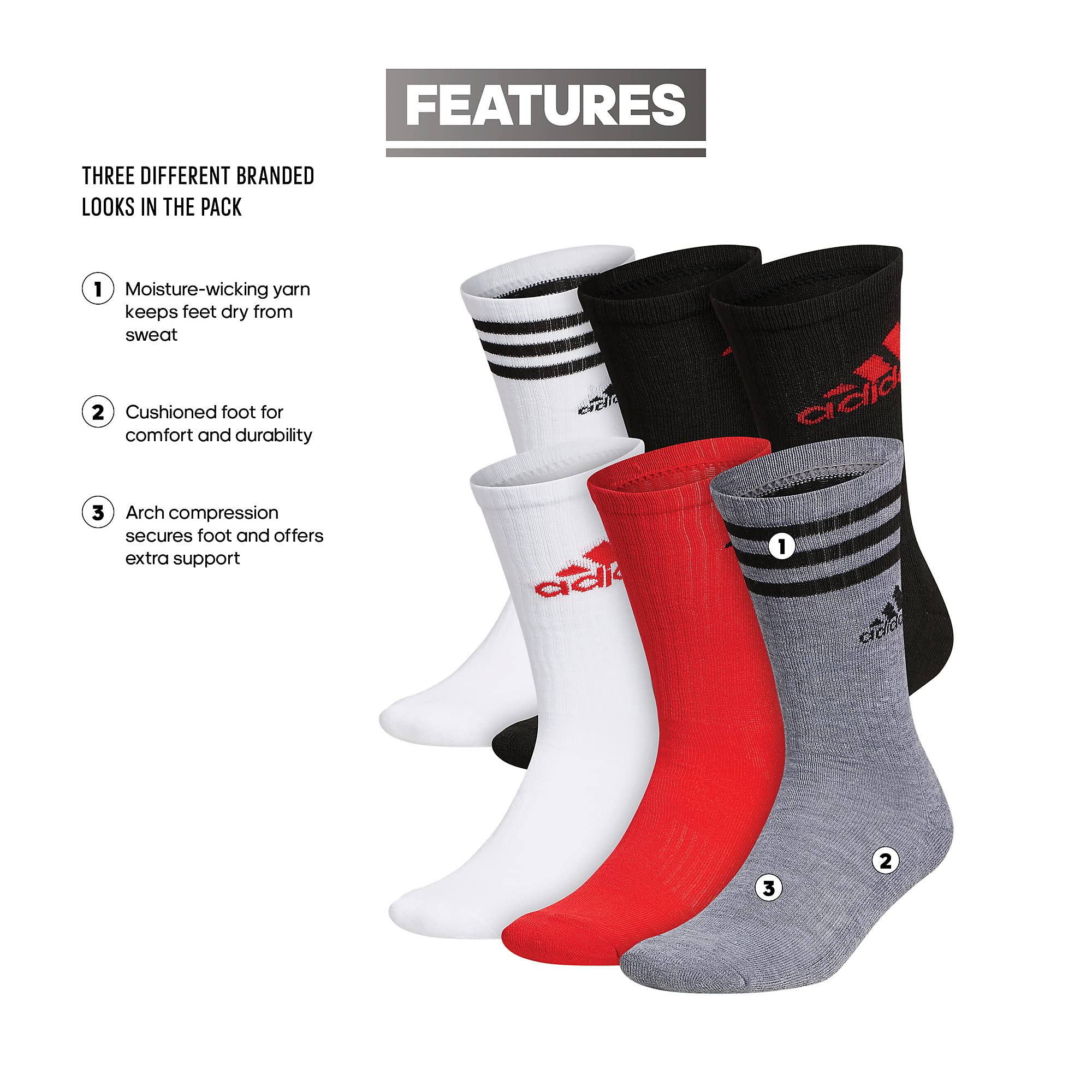 adidas Men's Athletic Cushioned Crew Socks with Arch Compression for a Secure Fit (6-Pair), Black/Vivid Red/White, Large