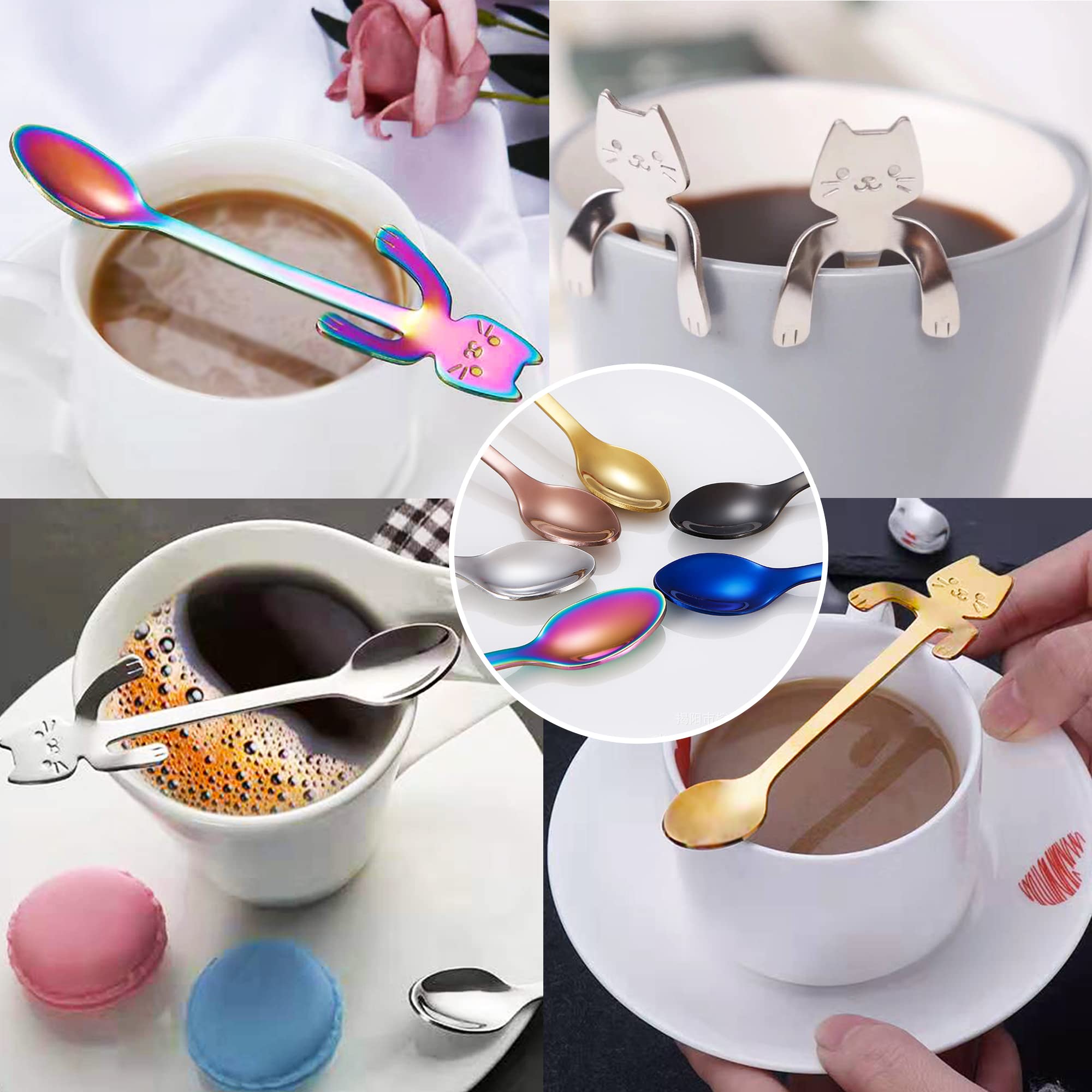 Cat Spoon Coffee Tea Spoon Set, ESRISE Stainless Steel Hanging Cup Teaspoons Demitasse Mini Long Cute Kitten Stirring Spoon for Dessert Drink Mixing Milkshake (Silver)