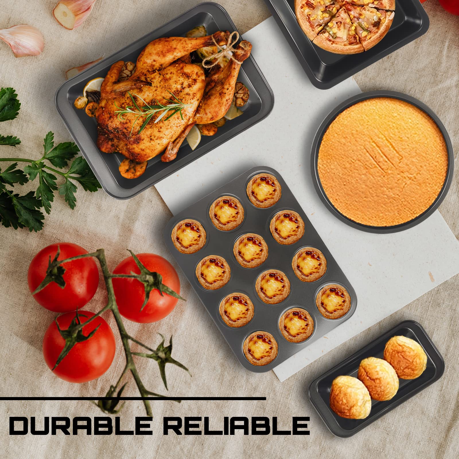 Baking Pans Sets Nonstick,5pcs Bakeware Sets with 12 Cup Cupcake Muffin pan,Round/Square Cake Pan, Muffin Pan, Loaf Pan, Roast Pan, Baking Sheets for Oven,Cookie Sheets for Baking,Toaster Oven Pans