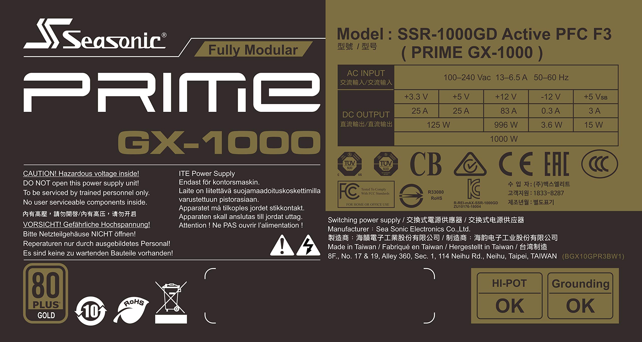 Seasonic PRIME 1000 Gold SSR-1000GD 1000W 80+ Gold ATX12V & EPS12V Full Modular 135mm FDB Fan Power On Self Tester Power Supply