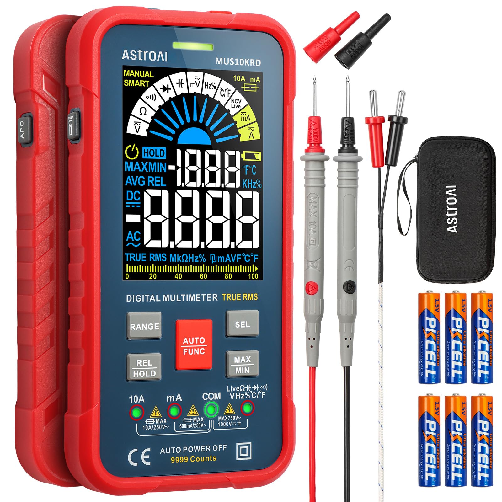 AstroAI Multimeter Tester 10000 Counts TRMS Auto-Ranging Color LCD Screen Digital Volt Meter, Fast Accurately Measures Voltage Current Amp Resistance Continuity Duty-Cycle Capacitance Temperature