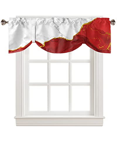 Funnywall88 Tie Up Curtain Valance for Living Room,Wild Marble Pattern Gold Red White Ombre Valance for Kitchen Window Valance Adjustable Tie-up Valance 12 Inch Rod Pocket 1 Panel