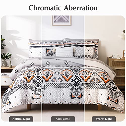 CASAAGUSTO Queen Comforter Set, 8 Pieces Gray Orange Boho Comforter Set, Microfiber Cozy Bohomian Bedding Set with Decor Pillow, Lightweight Breathable for All Seasons