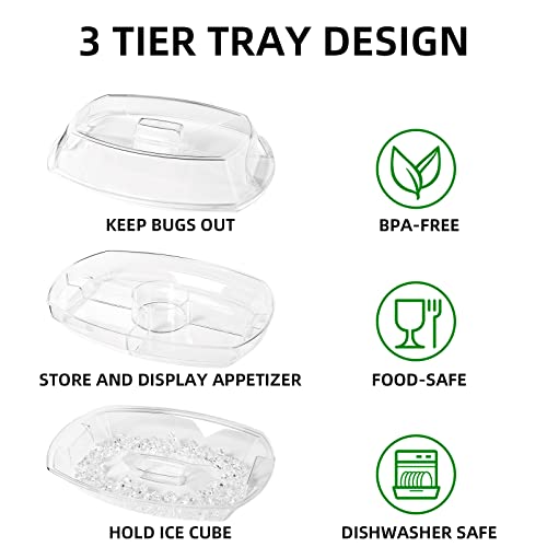 Funyakit Extra Large Appetizer Serving Tray on Ice with Stainless Steel Tongs and Forks, Chilled Platter with Lid, 4 Compartments for Shrimp Cocktail Fruits Veggies Seafood Dips, Cold Dish for Party