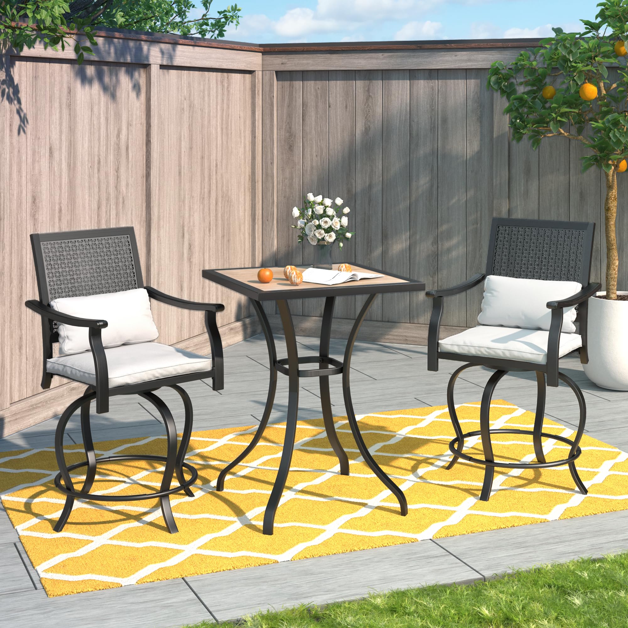 AECOJOY 3 Piece Outdoor Bar Set, High Top Patio Bar Set with Table and Chairs, Bar Height Patio Sets Clearance Plus Outdoor Pub Table and Swivel Chairs for Lawn Garden Porch
