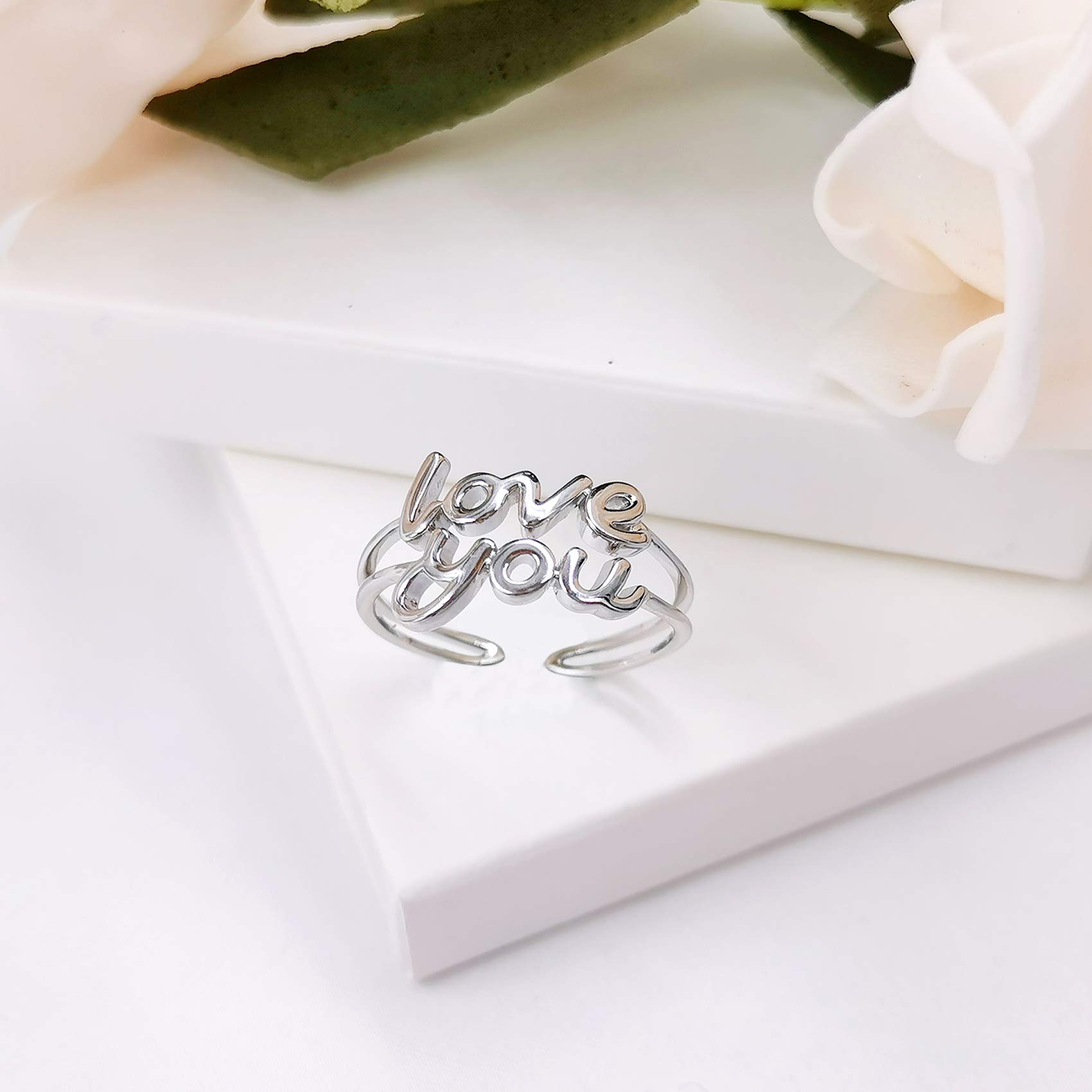 925 Sterling Silver Ring Simple Love Script Ring Silver Adjustable Open Rings for Women Men