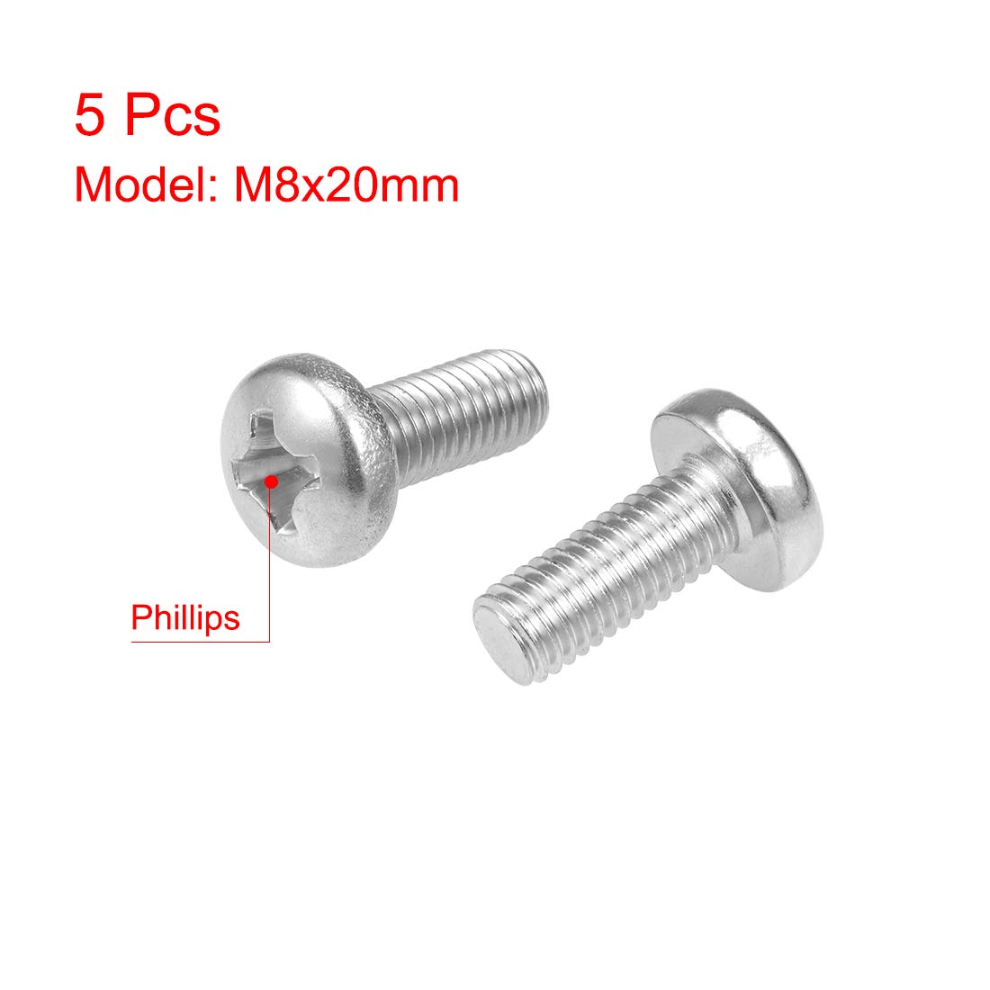 uxcell M8x20mm Machine Screws Pan Phillips Cross Head Screw 304 Stainless Steel Fasteners Bolts 5Pcs