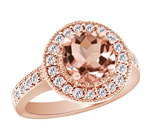 AFFY 2.72 cttw Simulated Pink Morganite & White Natural Diamond Halo Engagement Wedding Ring in 14k Rose Gold with Ring Size 8.5