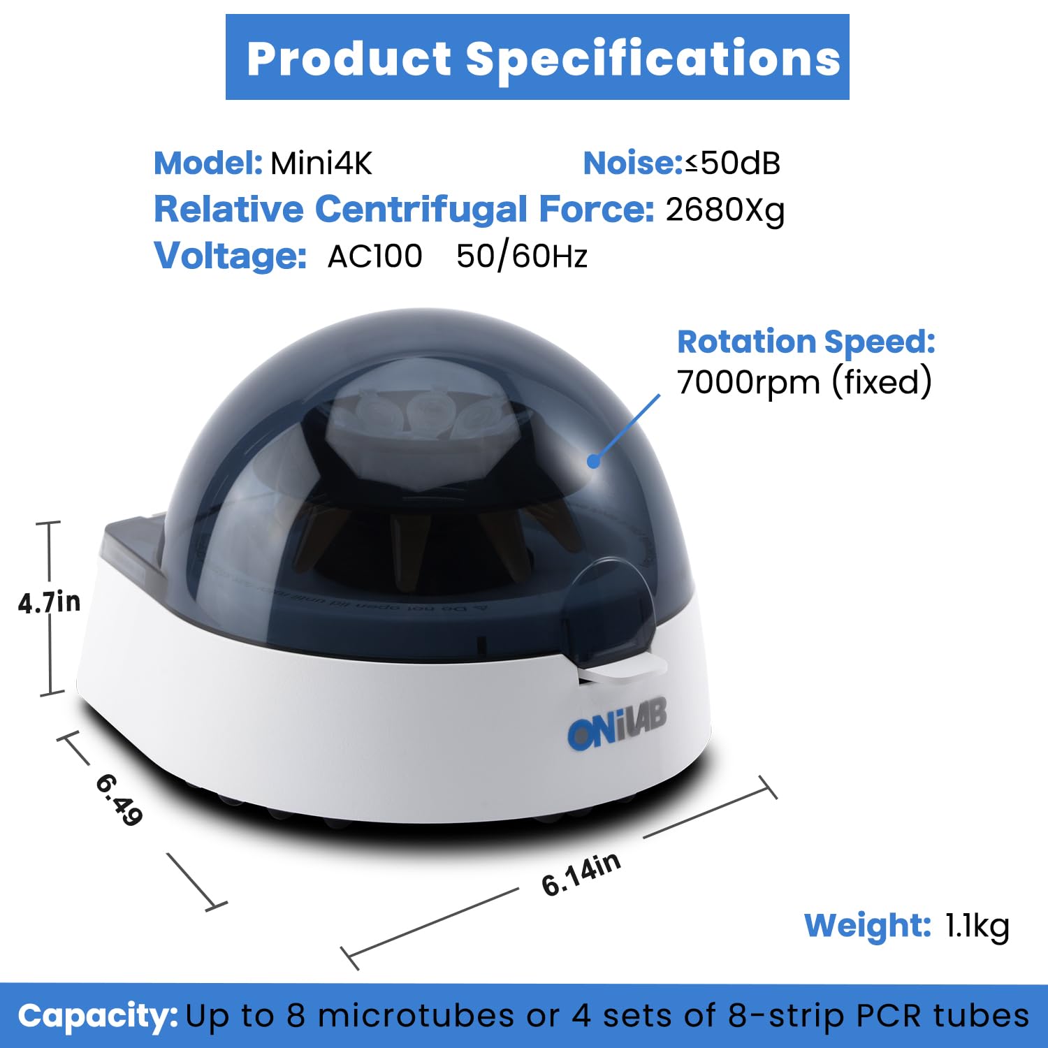 ONiLAB's Scientific Mini Centrifuge 7000RPM, 2680 x g RCF, Lab Benchtop Centrifuge with 2 Rotors for 8 x 0.2/0.5/1.5/2.0ml and 0.2mL×32 PCR Strips, Low Noise≤45dB, 100-240V