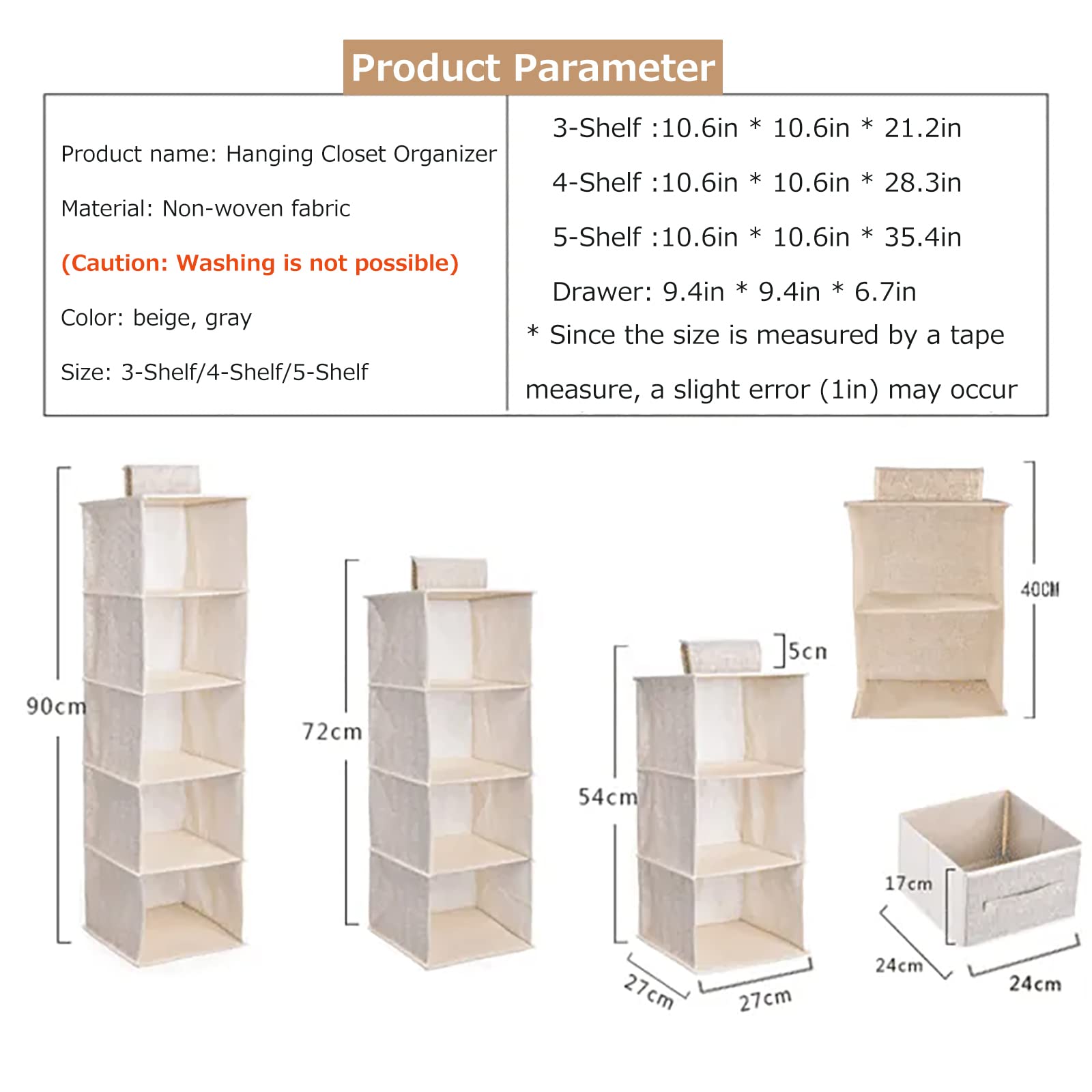 Hanging Closet Organizer with Drawer,Easy Mount Foldable 3-Shelf Closet Hanging Storage Shelves for Clothes Handbag Shoes Accessories Storage,Space Saver,Gray
