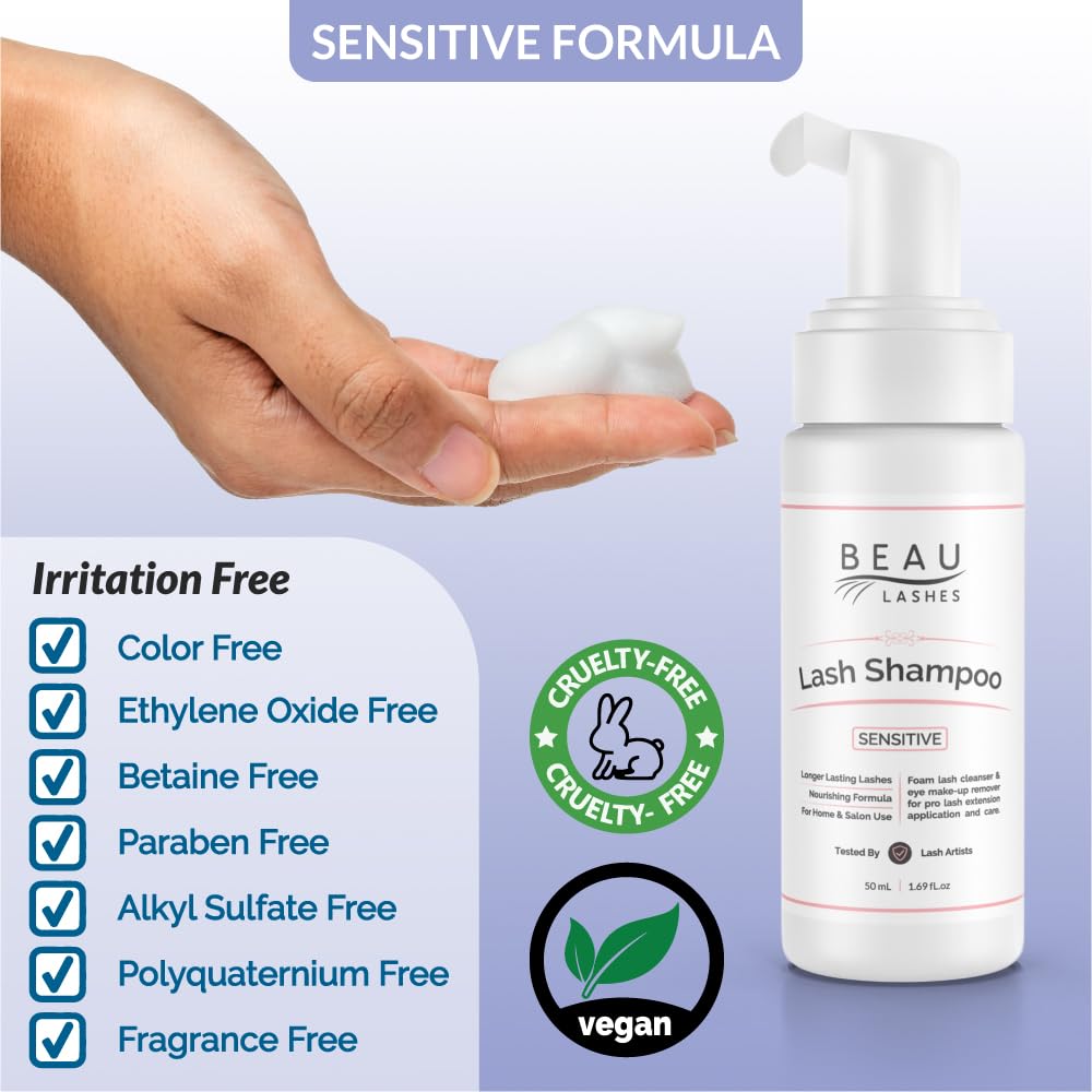 Korean Eyelash Extension Foam Cleanser Shampoo & Brush (50ml) - Oil Free Sensitive Paraben & Sulfate Free Eyelid/Lash Foaming Wash Cleaner To Remove Makeup & Mascara - Ideal For Salons And Home Care