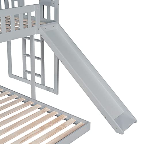 GLORHOME Twin Over Full House Bunk Bed, Detachable to Floor Bedframe and A Loftbed, with Slide, Built-in Ladder,Full-Length Guardrail for Kids Adults,Roof can be Decorated