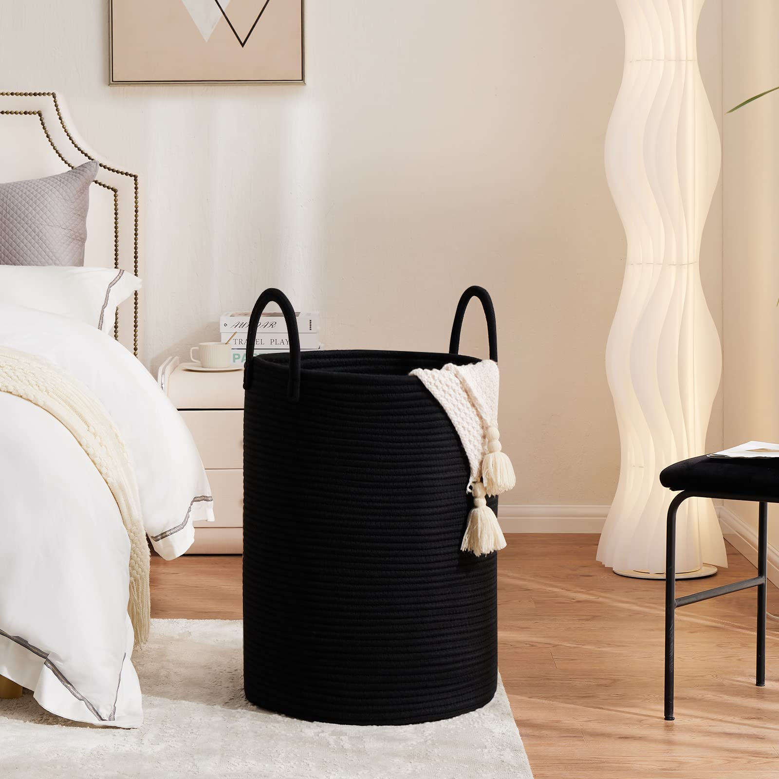 Fiona's magic Woven Rope Laundry Basket, 58L Tall Laundry Hamper for Blanket Storage, Large Baby Nursery Basket for Laundry, Decorative Clothes Hamper for Bedroom, Living Room and Bathroom, Black