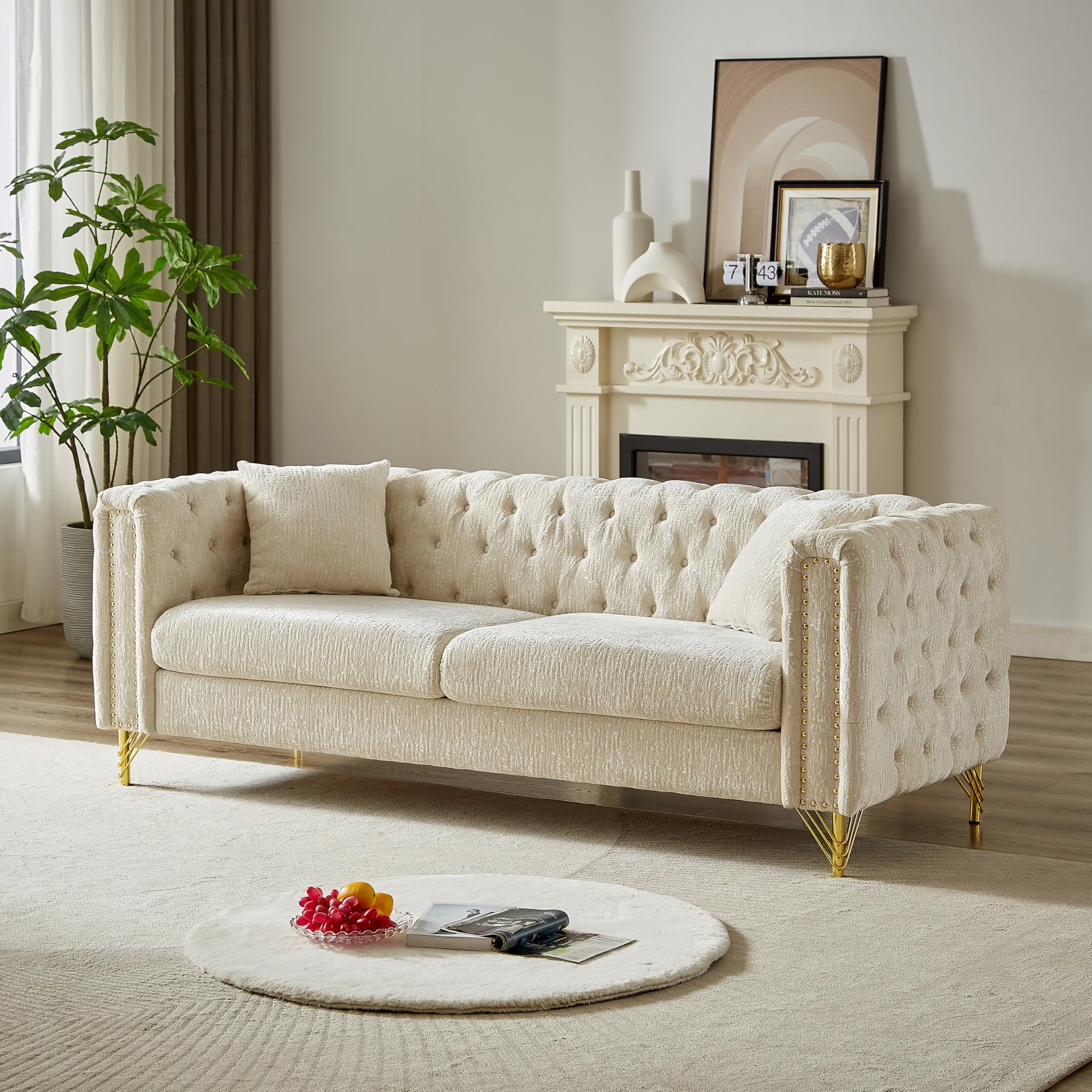 82 Inch Modern Living Room Chenille Sofa,Extra Deep Seats Sofa With Copper Nail Decoration Armrest,Chenille Pull Buckle Design Sofa,Comfy Loveseat Sofa with Metal Legs, Easy to Install(Beige)