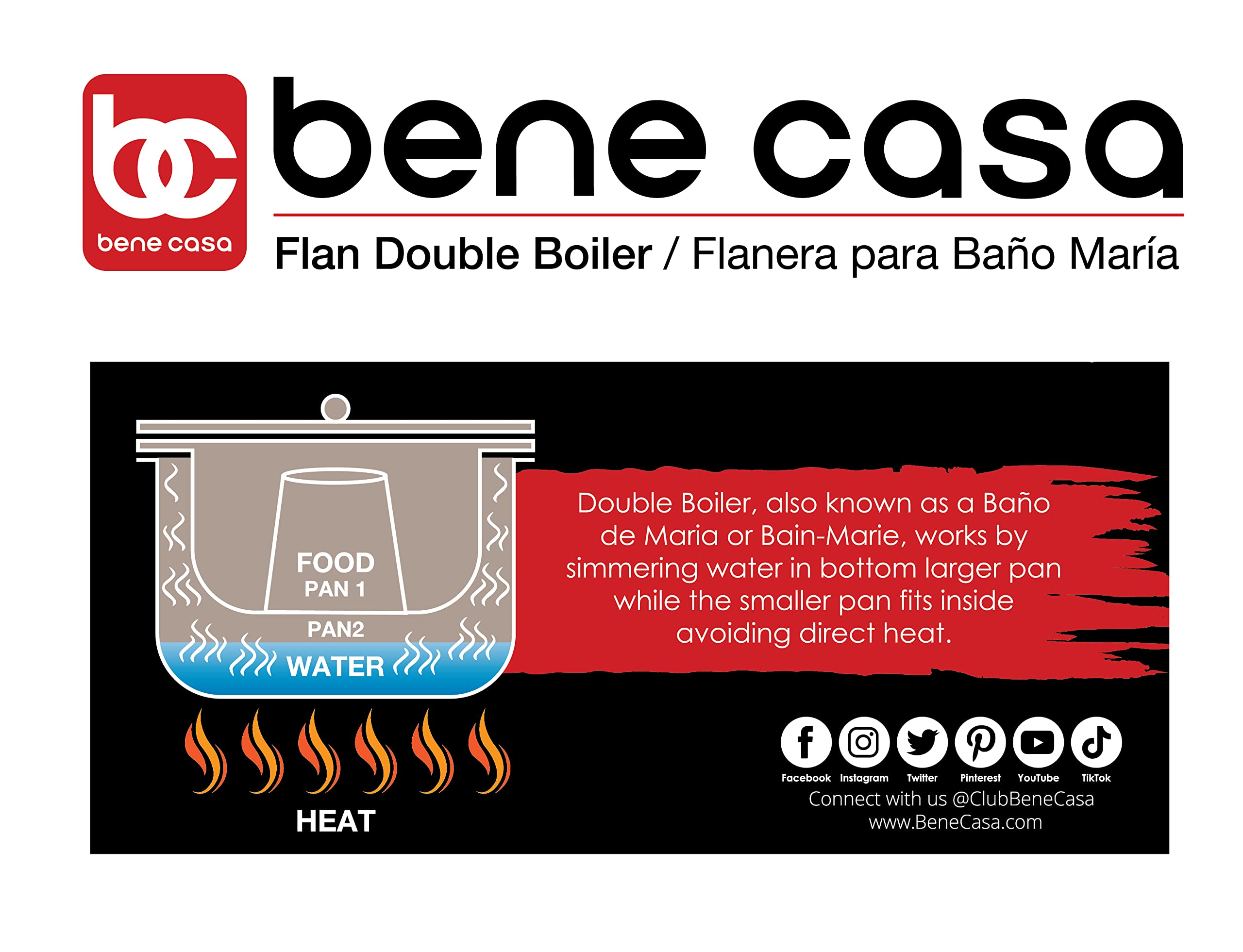Bene Casa - Aluminum Flan Mold Double Boiler with Glass Lid (1.6 Liter) - Includes Aluminum Inner Pan (8") - Dishwasher Safe