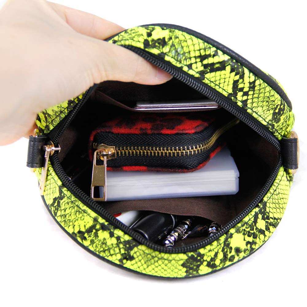 by you Women Fashion Snakeskin Pattern Small Round Cellphone Crossbody Purse Shoulder Bag Belt Bag Adjustable Strap (Round Snake Print - Neon Yellow)
