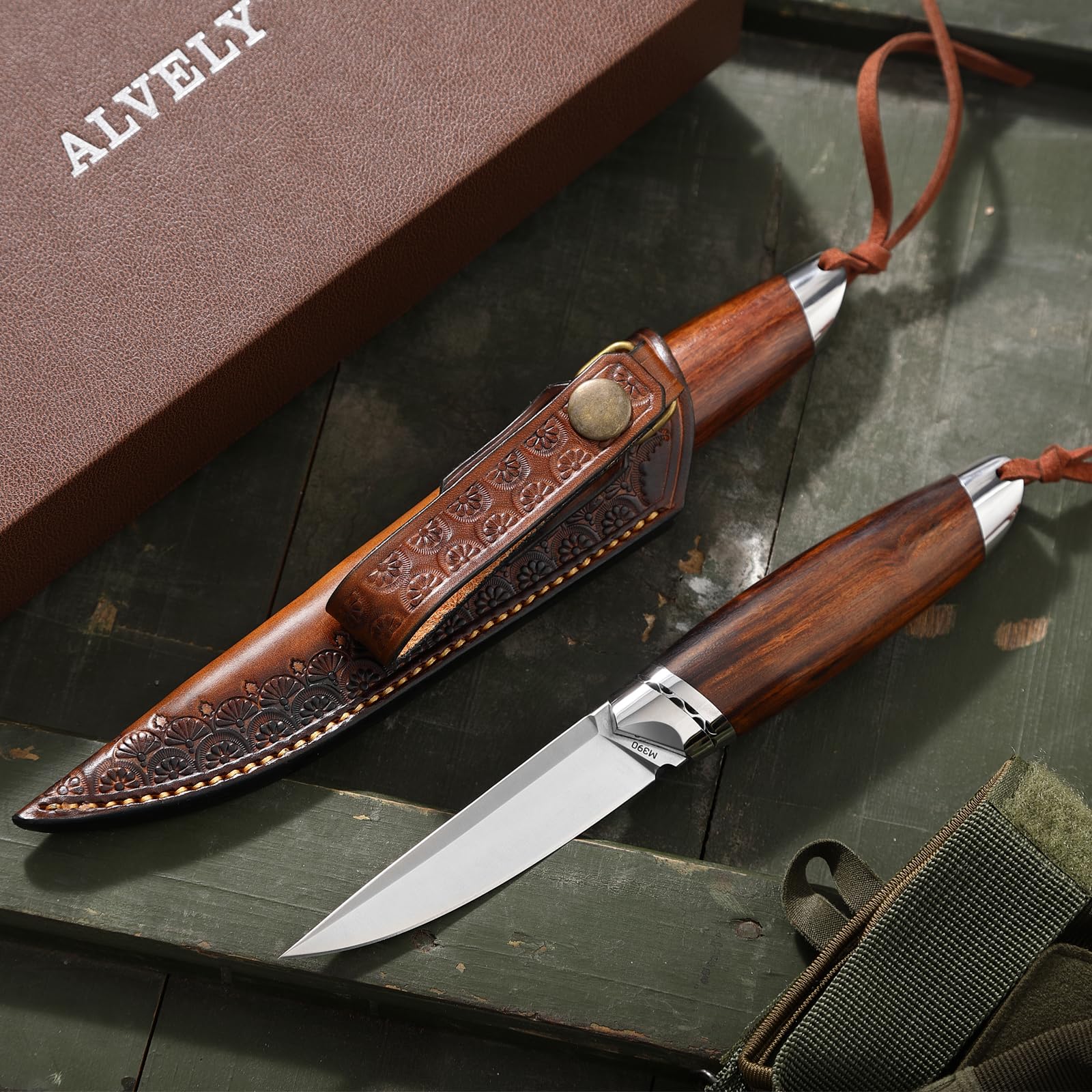ALVELY Handmade in Northern Europe Fixed blade hunting knife,High hardness M390 steel Camping Adventure Knife,Desert Iron Wood Handle,With leather case and gift packaging,Home and Outdoor EDC knife