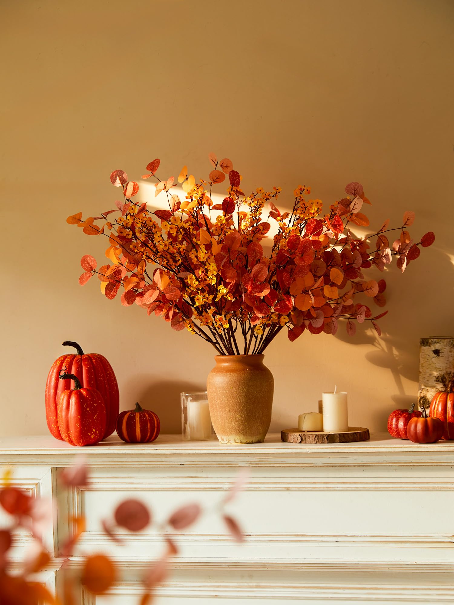 Anna's Whimsy 8 Pcs Artificial Eucalyptus Stems and Fake Babys Breath Flower Fall Decorations Fall Leaves for Fall Home Decor