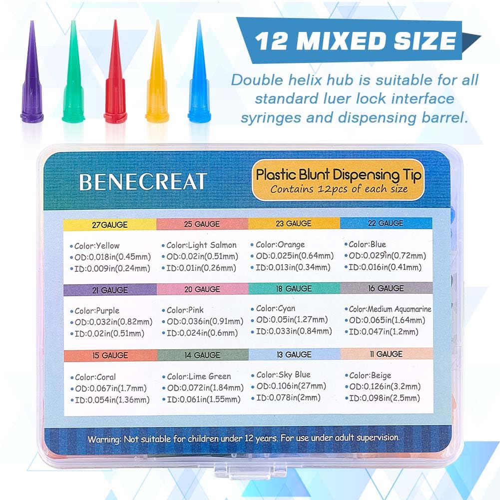 BENECREAT 120Pcs Blunt Plastic Tapered Tip Plastic Dispensing Needle Tips with 12 Mixed Size for Refilling Glue Fluid Precisely(12GA/13GA/14GA/15GA/16GA/18GA/20GA/21GA/22GA/23GA/25GA/27GA)
