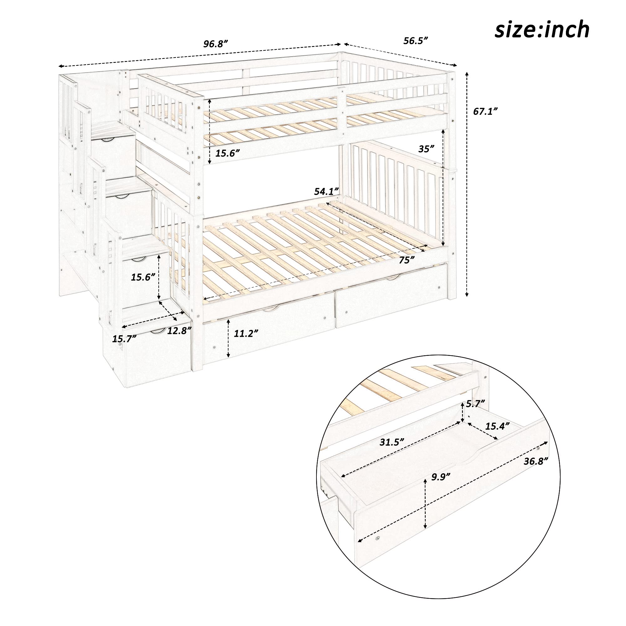 Full Over Full Bunk Bed with Shelves and 6 Storage Drawers, Solid Wooden Bunk Bed Frame with Storag Staircase, Safety Guardrail for Kids Teens Adults, No Box Spring Needed (White)