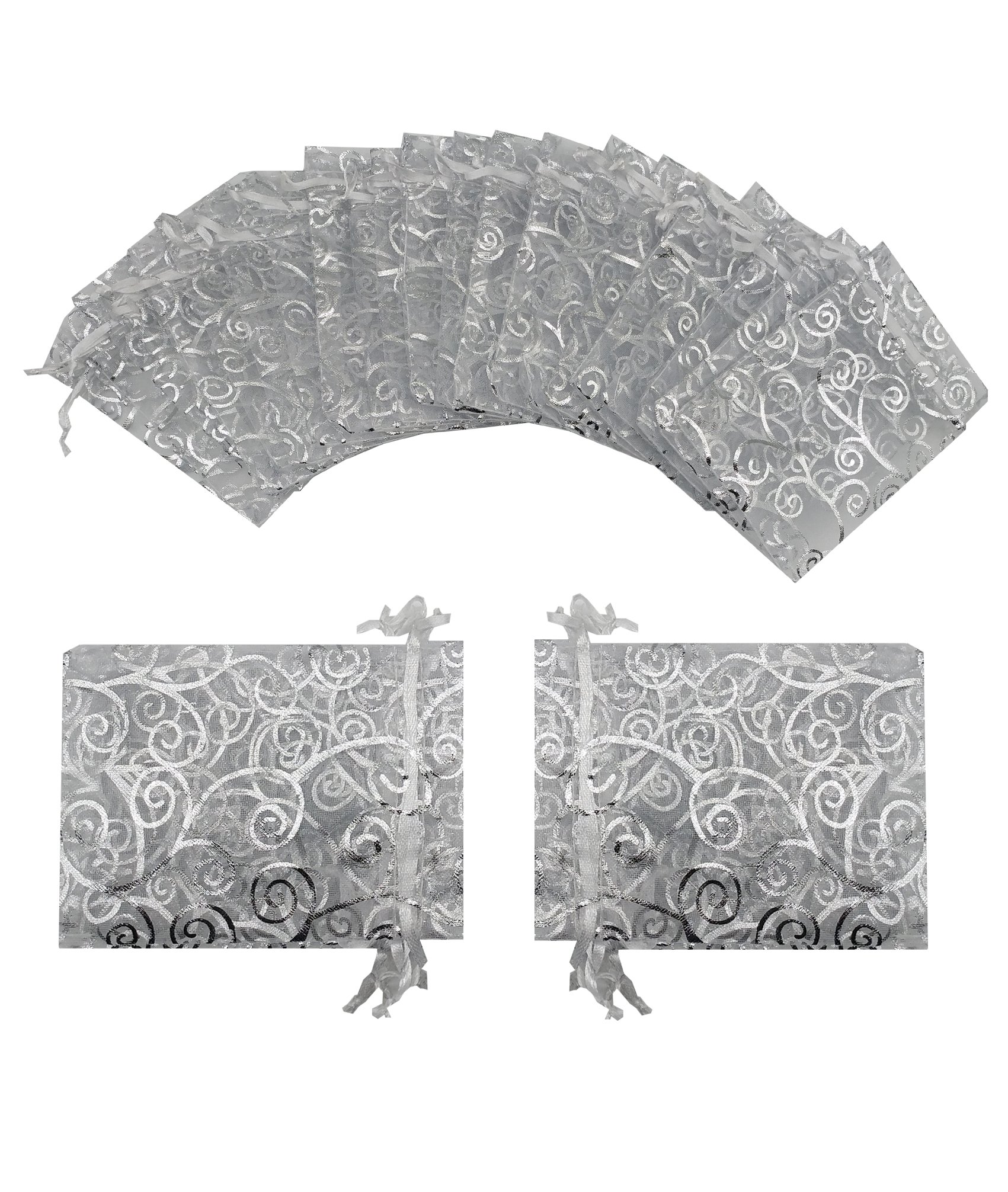 Ankirol 100pcs Sheer Organza Favor Bags For Wedding Baby Shower Rattan Print Gift Bags Samples Display Drawstring Pouches (3x4, silver)
