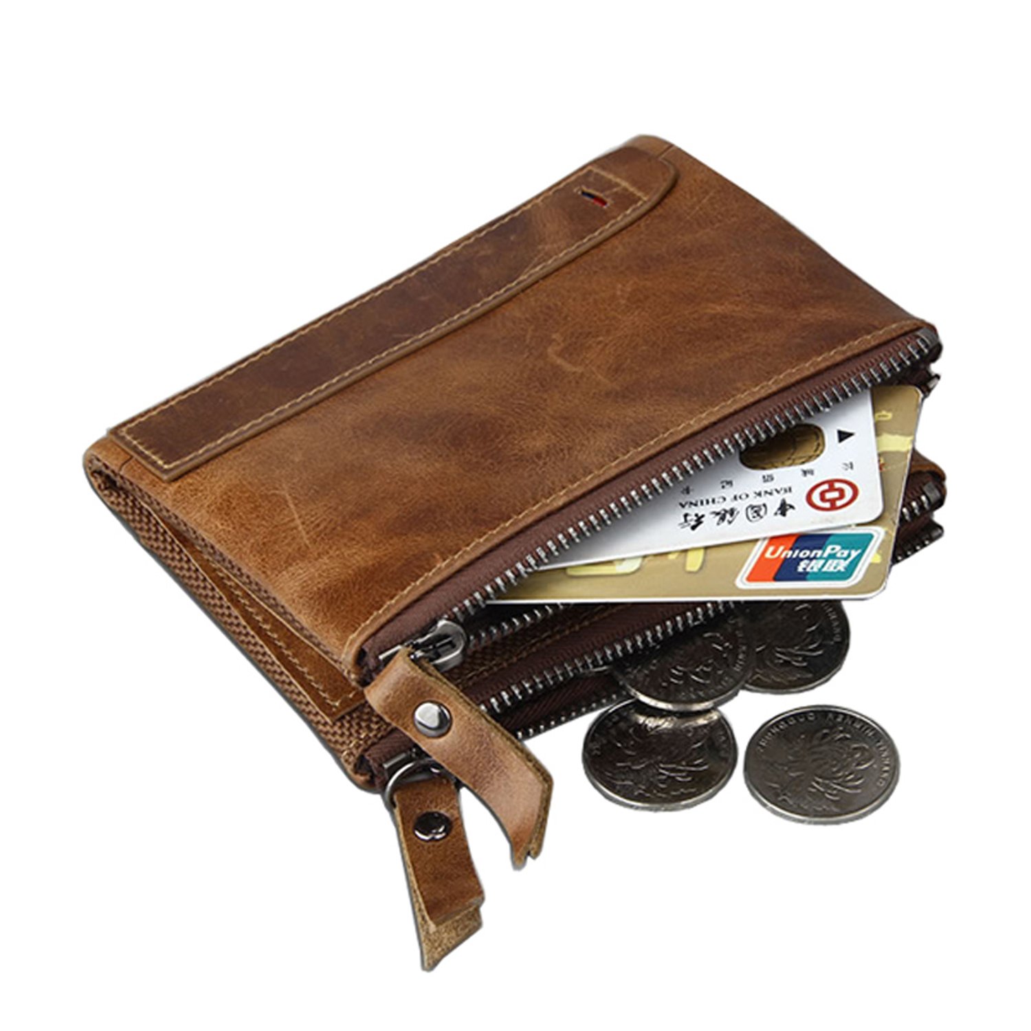 Alkenred small wallet for women Leather Bifold Compact Card Holder Zipper Pocket Wallet RFID Blocking Card Case Purse with ID Window(brown1)