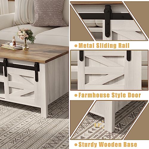 Furmax Coffee Table with Storage and Sliding Barn Doors, Farmhouse Living Room Table with Adjustable Shelves, Wood Rustic Center Table for Home Living Meeting Room (Antique White)