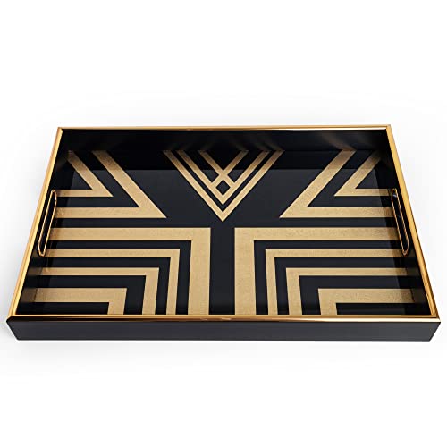 DIVERSITY TRADE Gold & Black Serving Tray w/ Handles – 17'' x 12'' Black Decorative Tray Large Ottoman TrayLiving Room Leak Proof Coffee Table Tray Glass Serving TrayOttoman Coffee Table (CX80225)