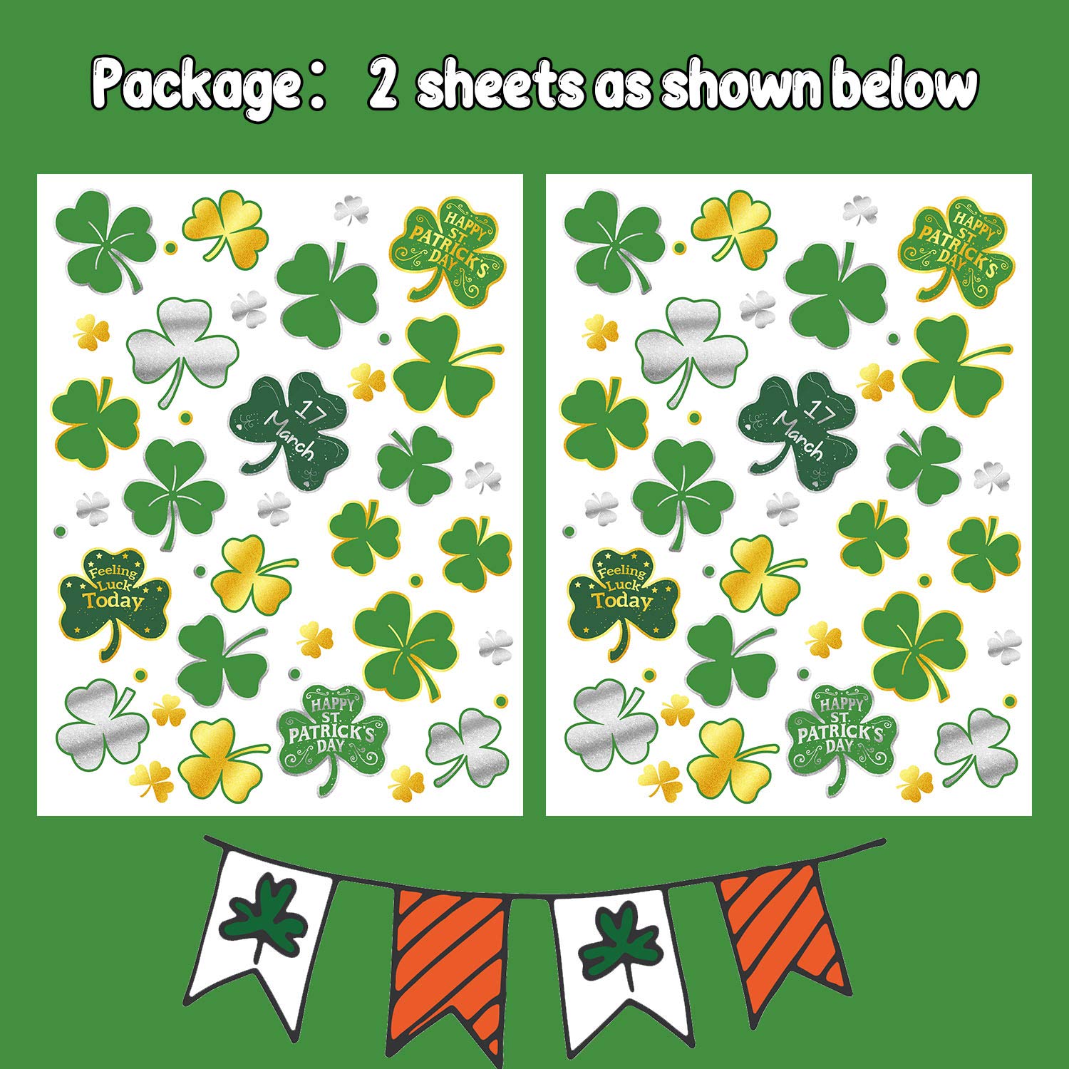 Partywind 64 PCS St Patrick's Day Temporary Tattoos, Metallic Glitter Shamrock Face Stickers for Saint Patrick's Day Decorations Party Favors, Irish Shamrock Decor for Women, Men, Kids (2 Sheets)